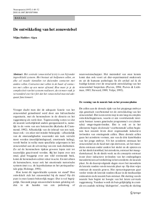 (PDF) De ontwikkeling van het zenuwstelsel