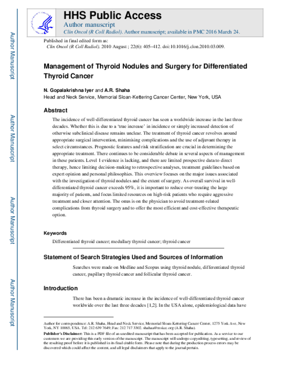 (PDF) Management of Thyroid Nodules and Surgery for Differentiated Thyroid Cancer