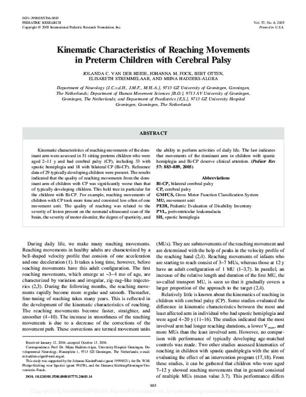 (PDF) Kinematic Characteristics of Reaching Movements in Preterm Children with Cerebral Palsy