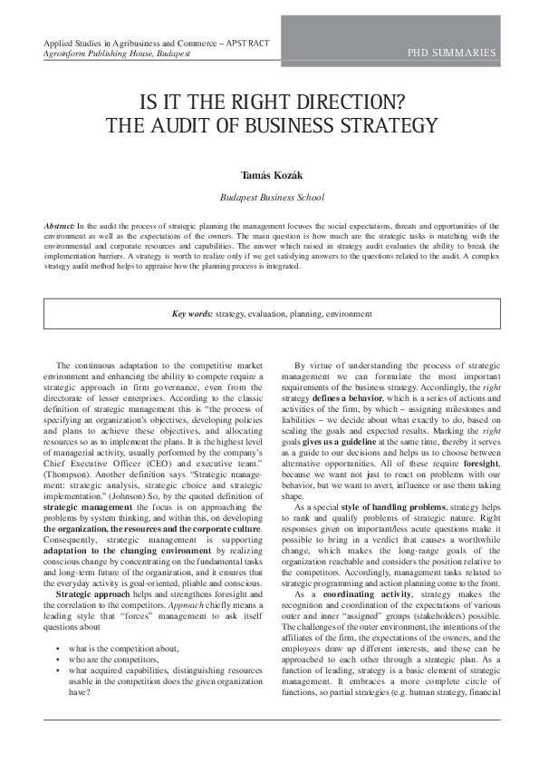 (PDF) Is it the right direction? The audit of business strategy