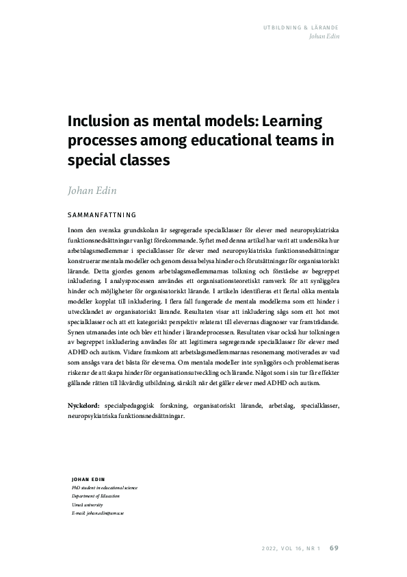 (PDF) Inclusion as mental models: Learning processes among educational ...