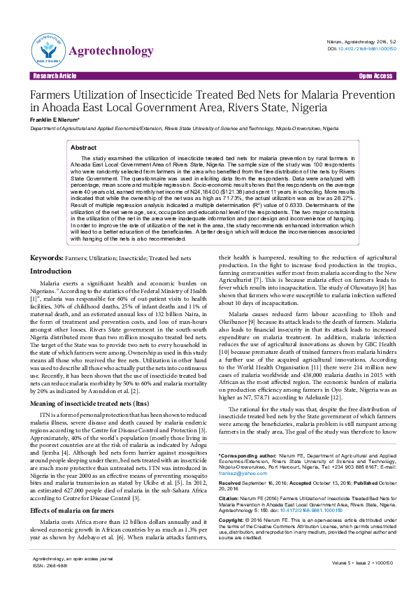 (PDF) Farmers Utilization of Insecticide Treated Bed Nets for Malaria ...