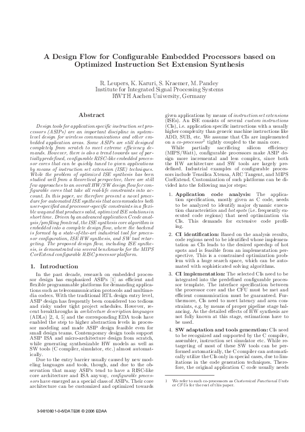 Pdf A Design Flow For Configurable Embedded Processors Based On Optimized Instruction Set 1594