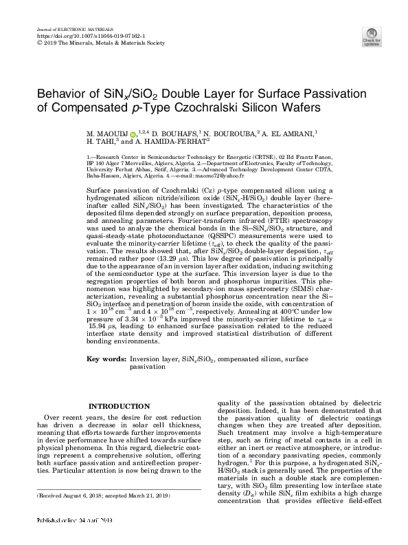 (PDF) Behavior of SiNx/SiO2 Double Layer for Surface Passivation of Compensated p-Type ...