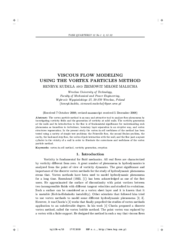 (PDF) Viscous Flow Modeling Using the Vortex Particles | Henryk Kudela - Academia.edu