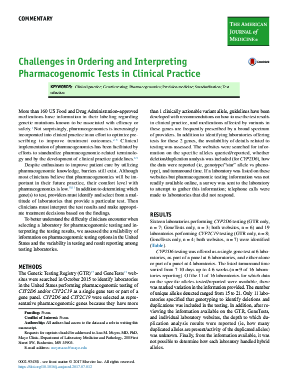 (PDF) Challenges in Ordering and Interpreting Pharmacogenomic Tests in ...