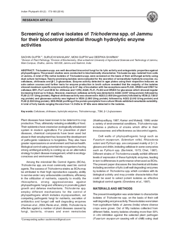Pdf Screening Of Native Isolates Of Trichoderma Spp Of Jammu For