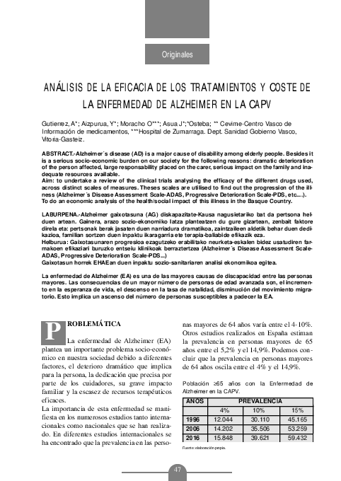 (PDF) Análisis de la eficacia de los tratamientos y coste de la enfermedad de Alzheimer en la CAPV
