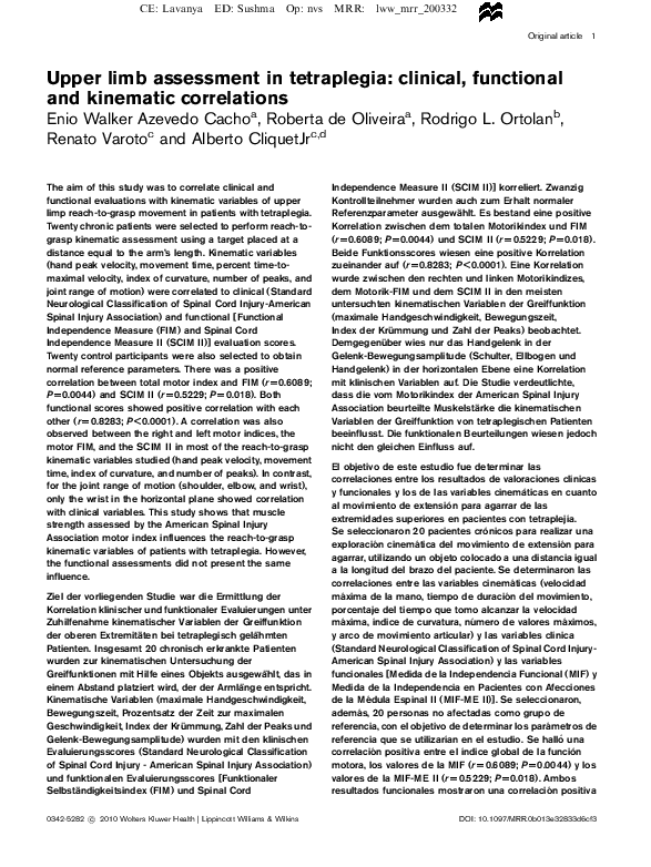 (PDF) Upper limb assessment in tetraplegia
