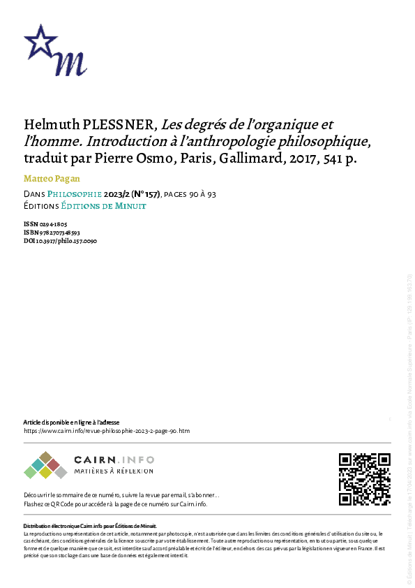 (PDF) Recension de Helmuth Plessner, "Les degrés de l’organique et l ...
