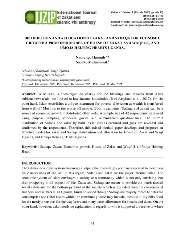 (PDF) DISTRIBUTION AND ALLOCATION OF ZAKAT AND SADAQA FOR ECONOMIC GROWTH: A PROPOSED MODEL OF ...