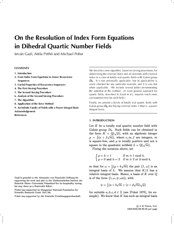 (PDF) On the Resolution of Index Form Equations in Dihedral Quartic Number Fields | An Ga ...