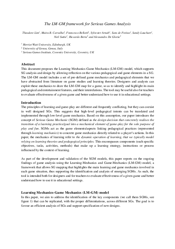 (PDF) The LM-GM framework for Serious Games Analysis