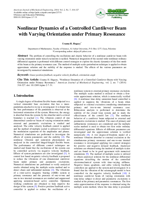 Pdf Vibration Control Of A Cantilever Beam Of Varying Orientation
