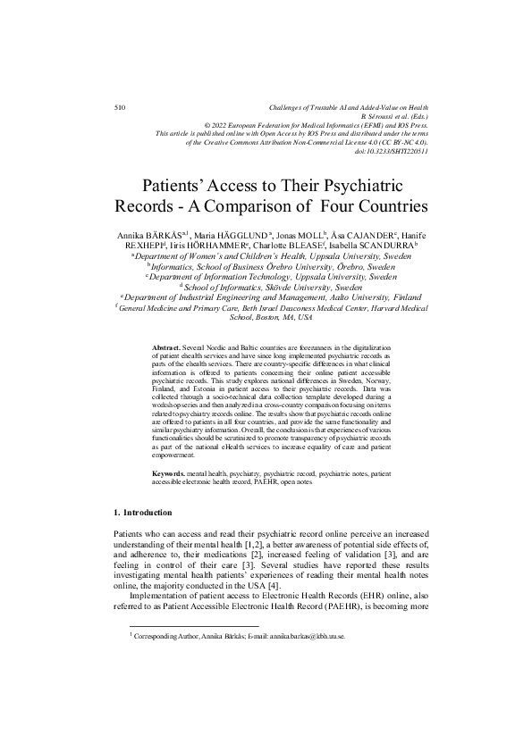 (PDF) Patients’ Access to Their Psychiatric Records – A Comparison of ...