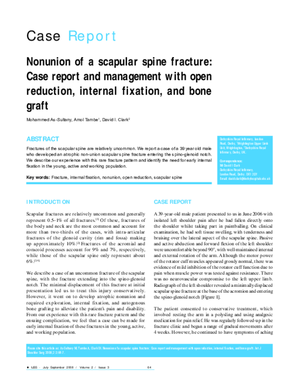 (PDF) Nonunion of a scapular spine fracture: Case report and management ...