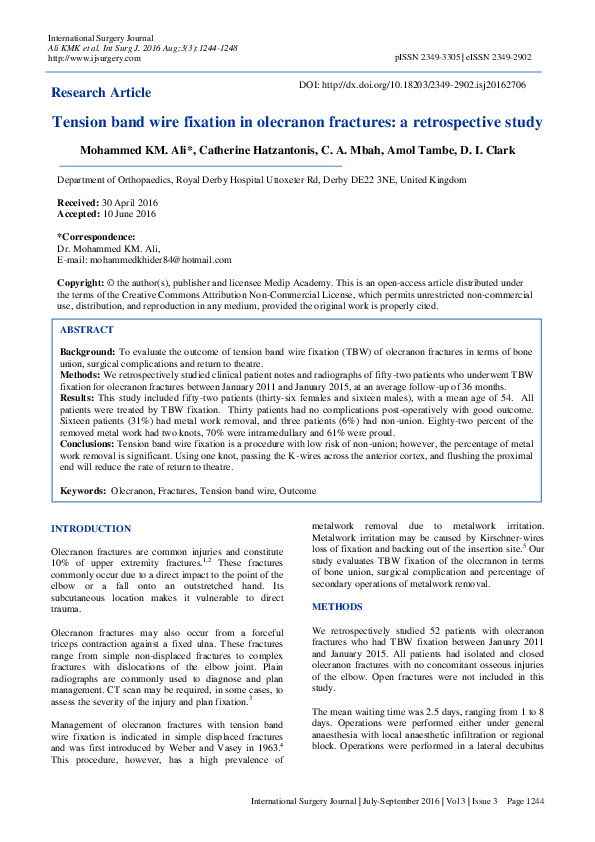 (PDF) Tension band wire fixation in olecranon fractures: a ...