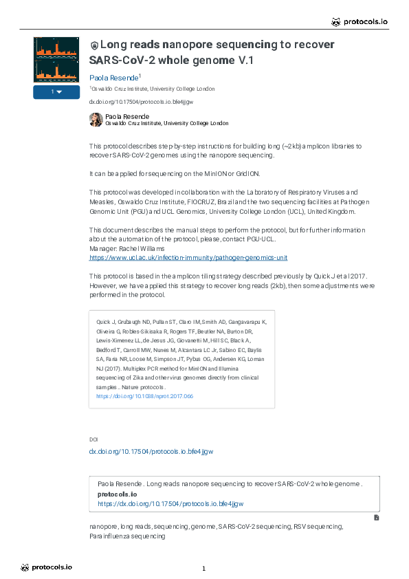 (PDF) Long reads nanopore sequencing to recover SARS-CoV-2 whole genome v2 (protocols.io.bfx7jprn)