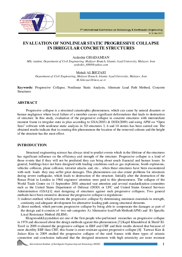 (PDF) Evaluation of Nonlinear Static Progressive Collapse in Irregular ...