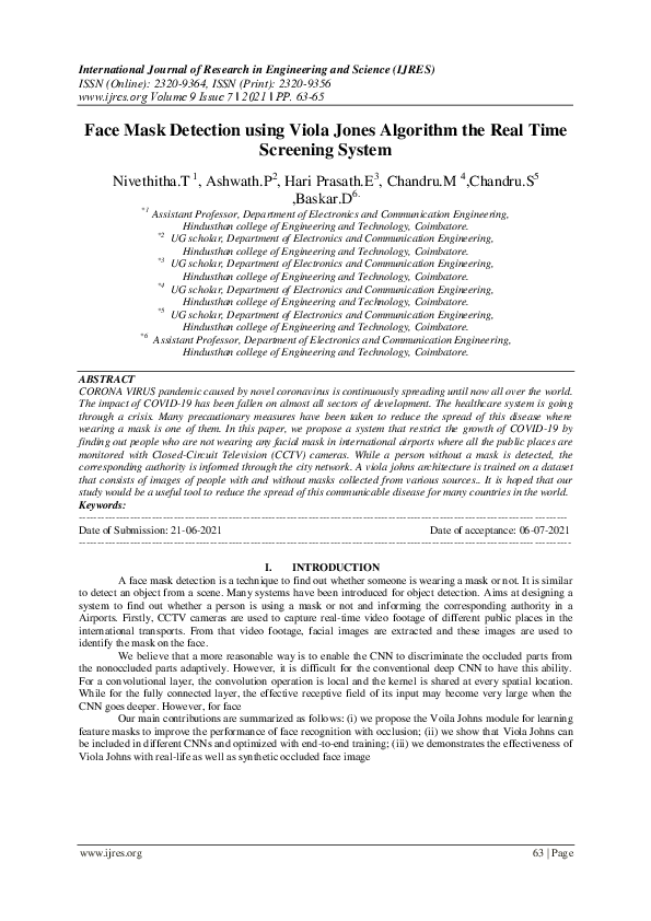 (PDF) Face Mask Detection using Viola Jones Algorithm the Real Time Screening System | Hari ...