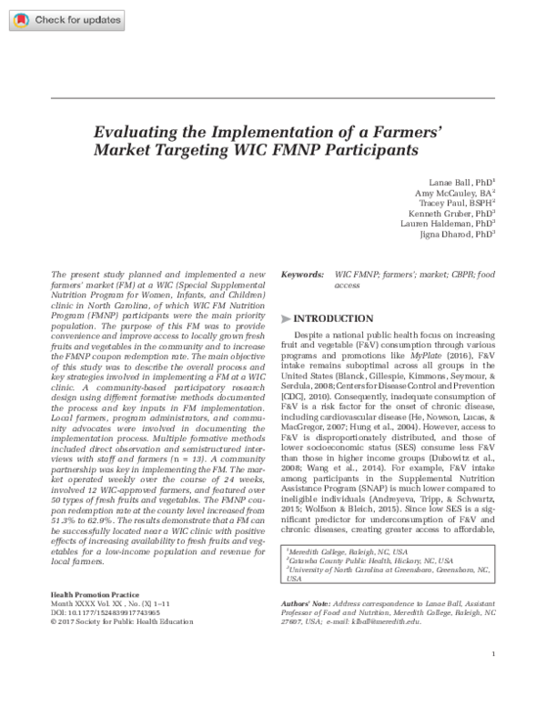 Evaluating the Implementation of a Farmers' Market Targeting WIC FMNP ...