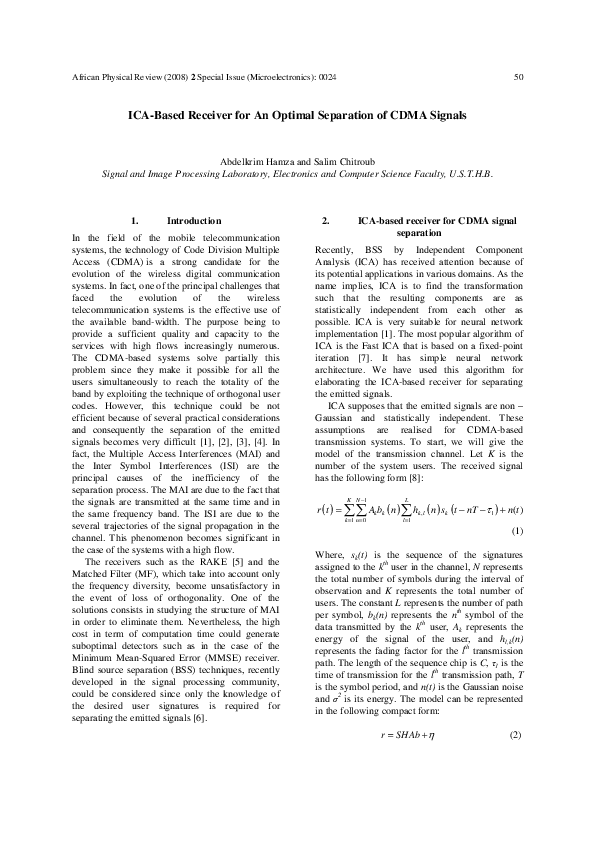 (PDF) ICA-Based Receiver for An Optimal Separation of CDMA Signals