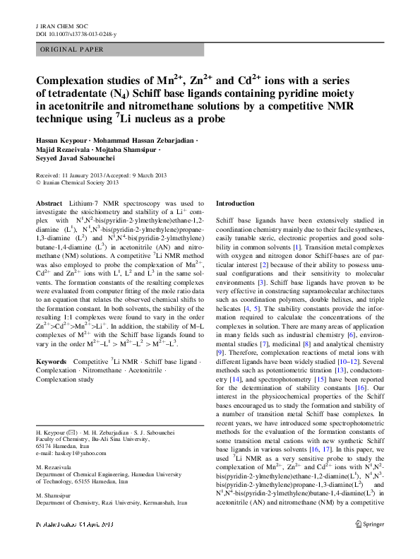 (PDF) Complexation studies of Mn2+, Zn2+ and Cd2+ ions with a series of tetradentate (N4) Schiff ...