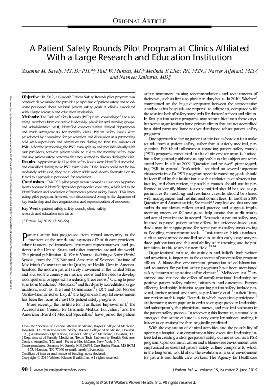 A Provider-Perspective Patient Safety Rounds Pilot Program at Baylor ...