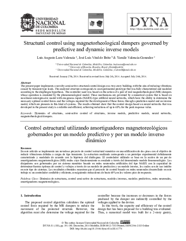 (PDF) Structural control using magnetorheological dampers governed by predictive and dynamic ...