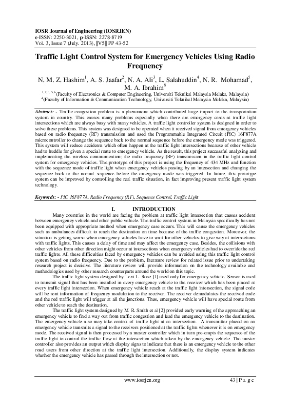 (PDF) Traffic Light Control System for Emergency Vehicles Using Radio Frequency