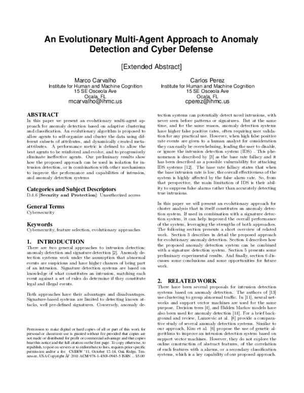 (PDF) An evolutionary multi-agent approach to anomaly detection and cyber defense