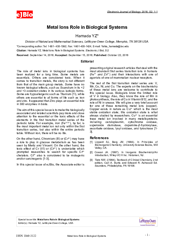 (PDF) Metal Ions Role in Biological Systems