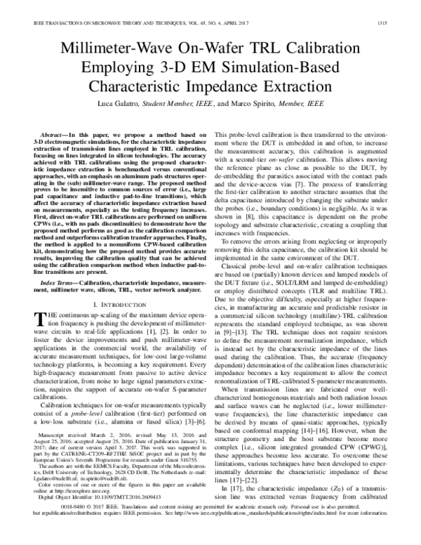Pdf Millimeter Wave On Wafer Trl Calibration Employing 3 D Em Simulation Based Characteristic