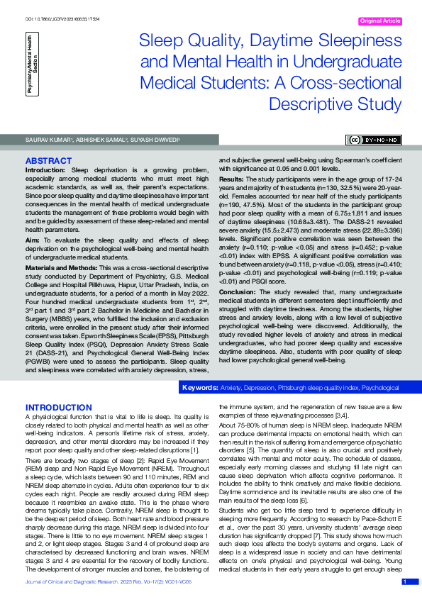 (PDF) Sleep Quality, Daytime Sleepiness and Mental Health in ...