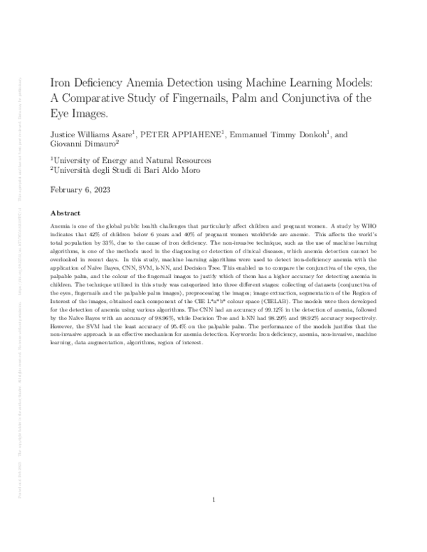 (PDF) Iron Deficiency Anemia Detection using Machine Learning Models: A ...
