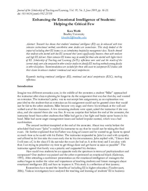 (PDF) Enhancing the Emotional Intelligence of Students: Helping the Critical Few