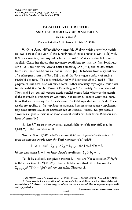 (PDF) Parallel vector fields and the topology of manifolds