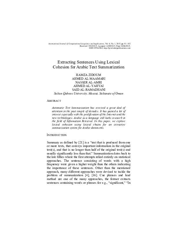 (PDF) Extracting Sentences Using Lexical Cohesion for Arabic Text Summarization