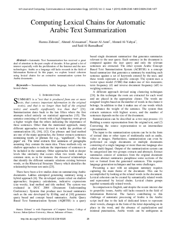 (PDF) Computing Lexical Chains For Automatic Arabic Text Summarization