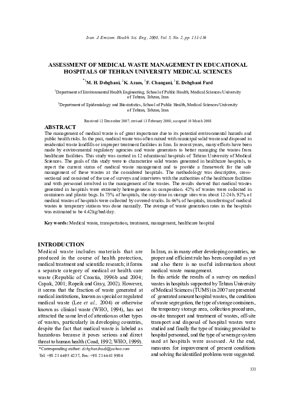 (PDF) Medical Waste Management in Tehran Hospitals