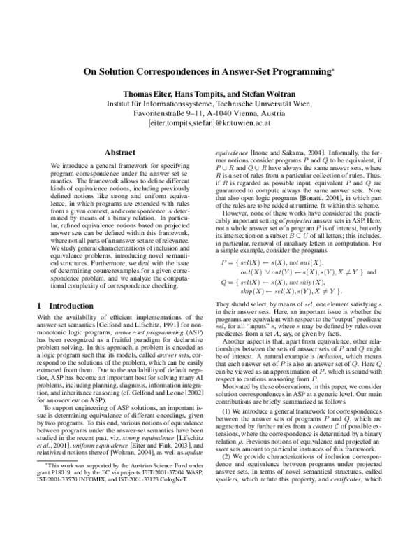 Pdf On Solution Correspondences In Answer Set Programming Thomas