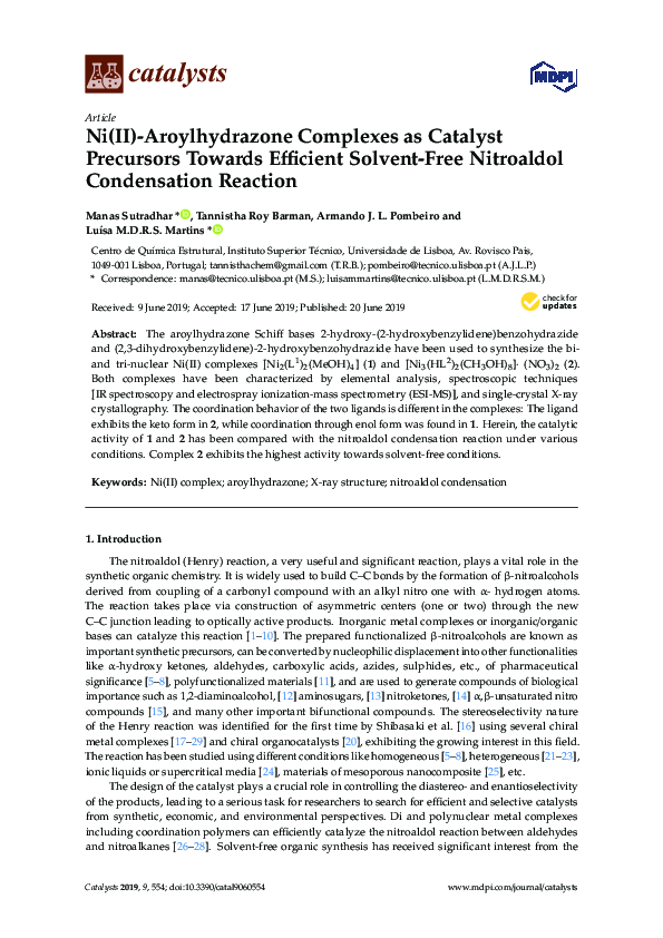 (PDF) Ni(II)-Aroylhydrazone Complexes as Catalyst Precursors Towards Efficient Solvent-Free ...