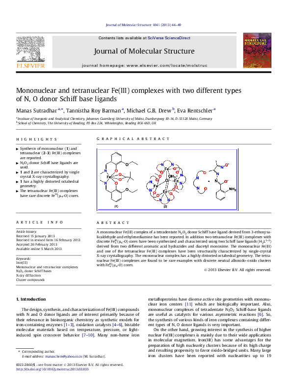 (PDF) Mononuclear and tetranuclear Fe(III) complexes with two different types of N, O donor ...