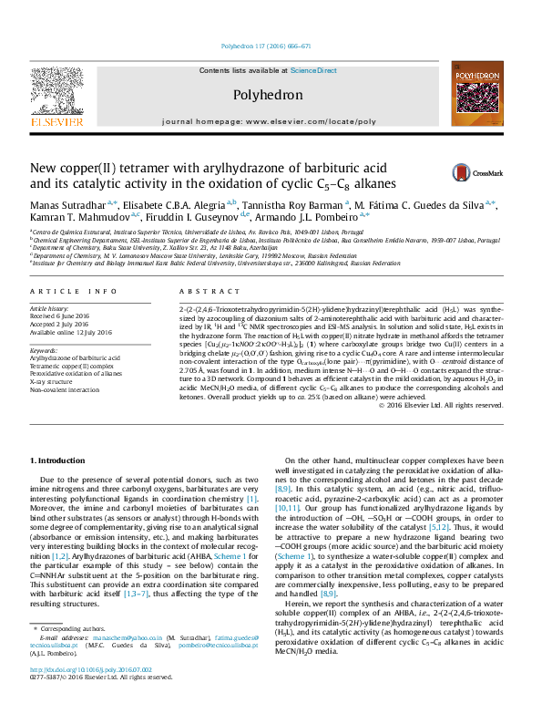 (PDF) New copper(II) tetramer with arylhydrazone of barbituric acid and ...