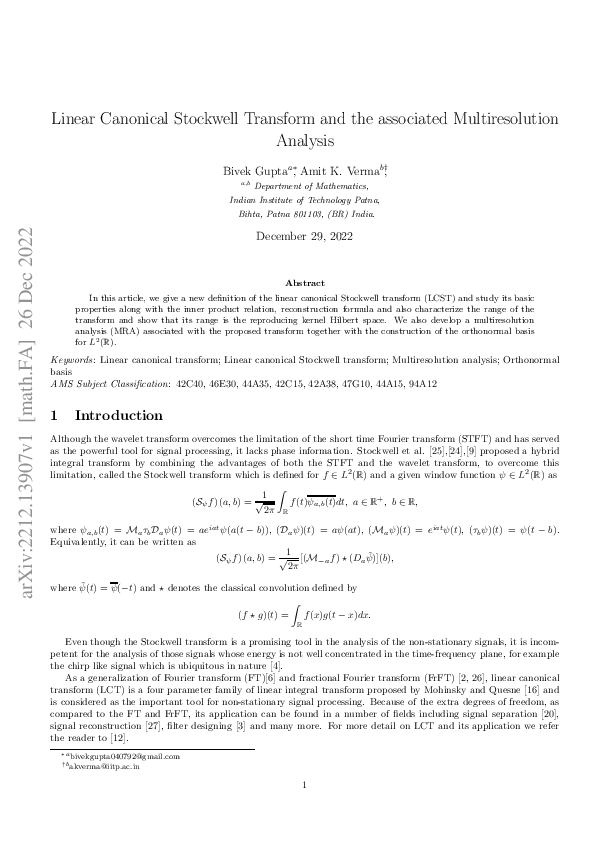(PDF) Linear Canonical Stockwell Transform and the associated ...