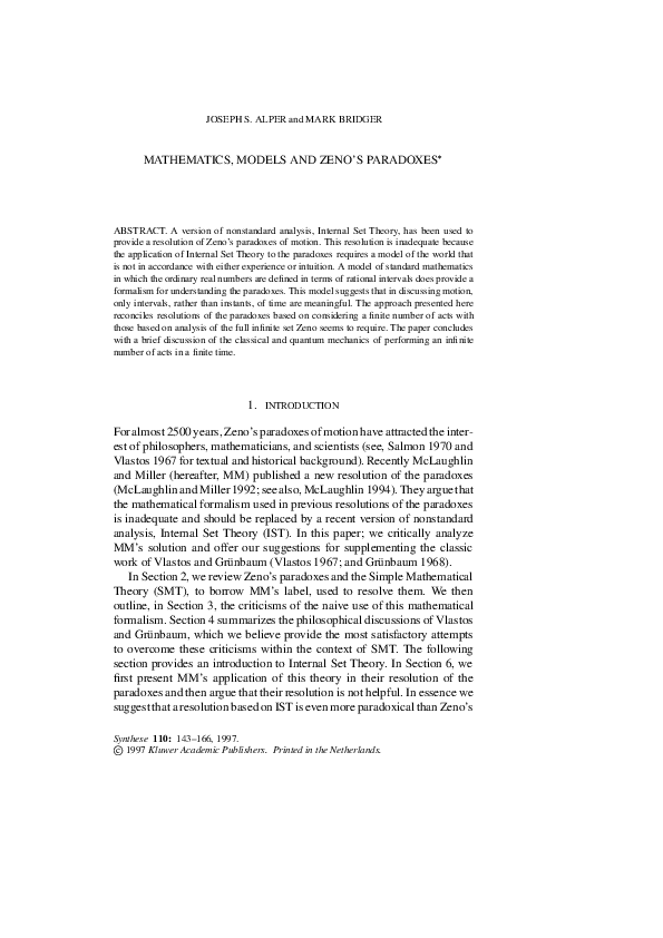 (PDF) Mathematics, Models and Zeno's Paradoxes