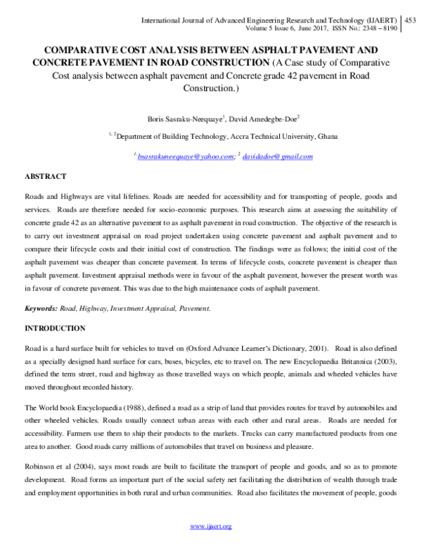 Pdf Comparative Cost Analysis Between Asphalt Pavement And Concrete Pavement In Road