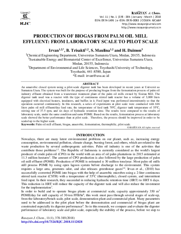 (PDF) Production of Biogas from Palm Oil Mill Effluent: From Laboratory ...