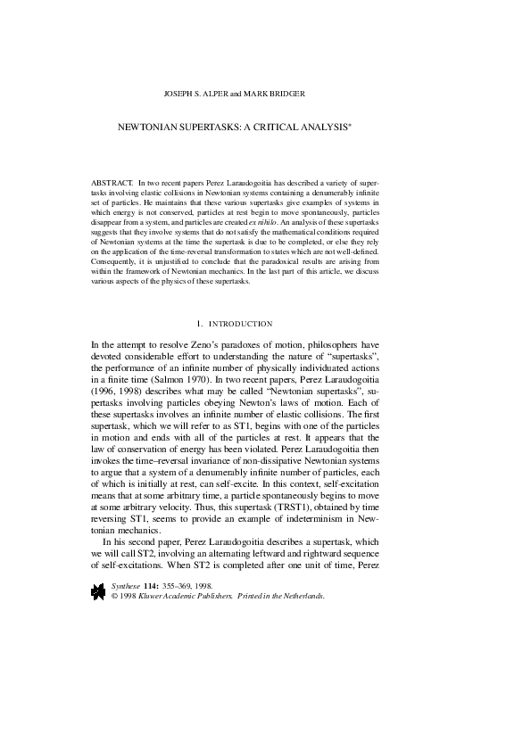 (PDF) Newtonian Supertasks: A Critical Analysis
