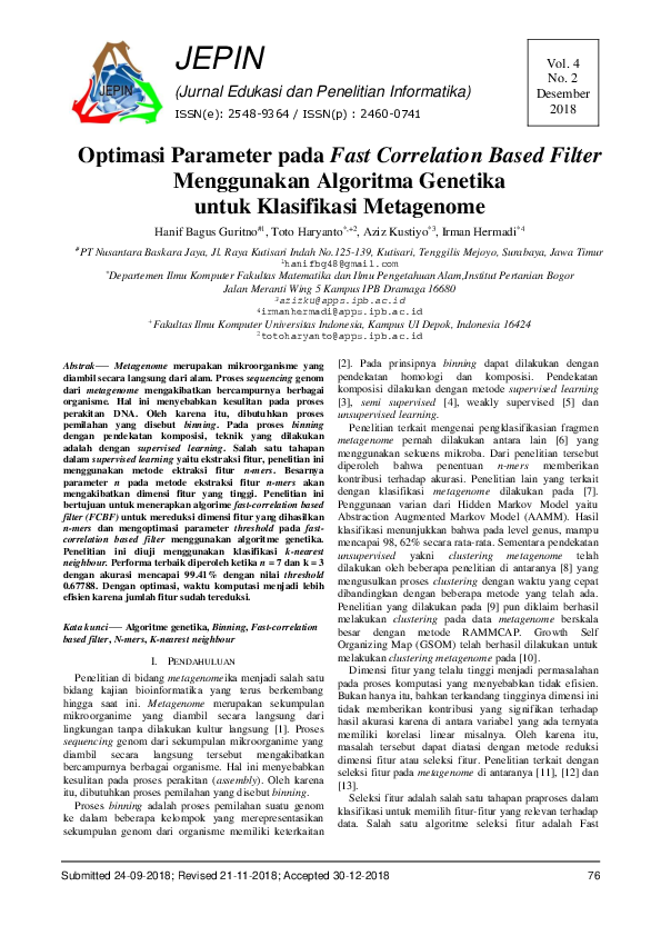 Pdf Optimasi Parameter Pada Fast Correlation Based Fiter Menggunakan